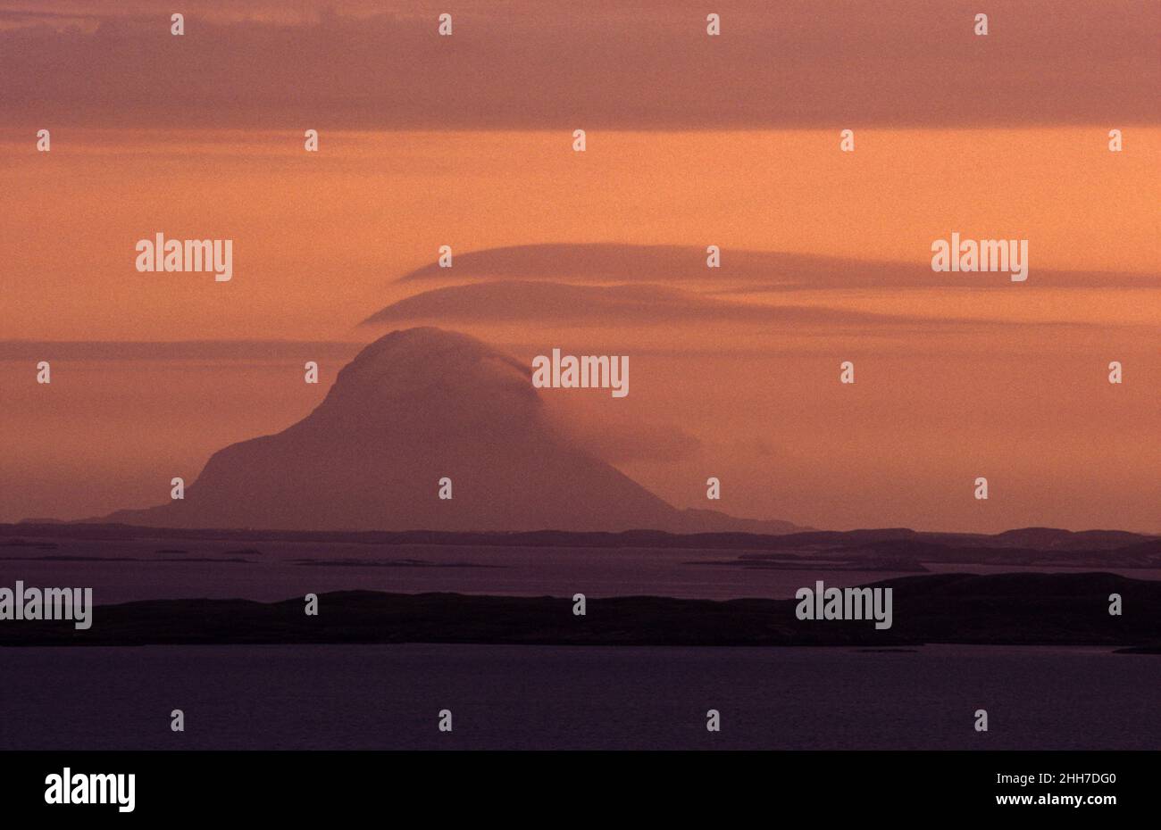 Lovund, Norway in nightfall, analog. Clouds and islands in 1991, summer ...