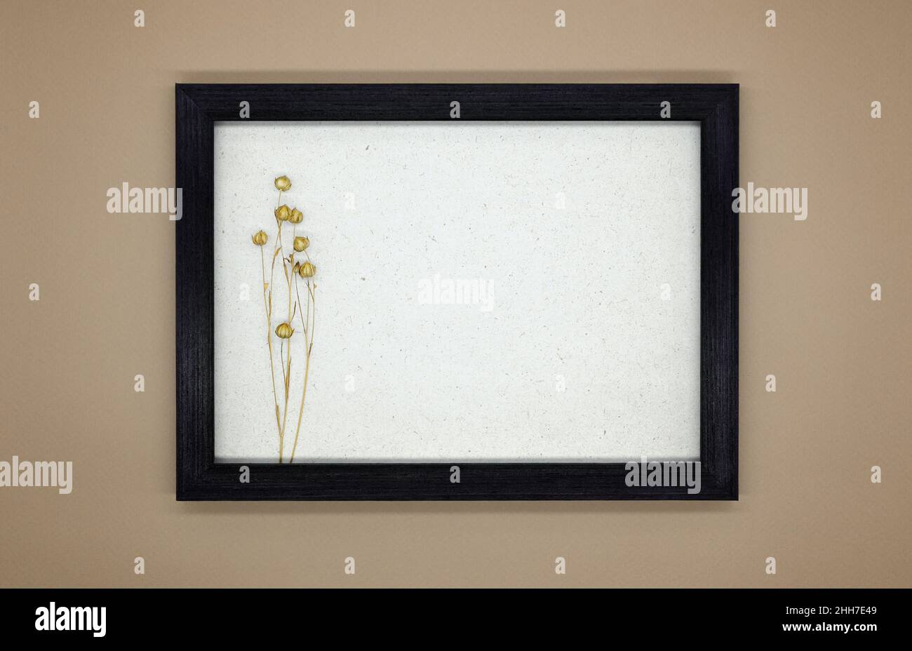 Mockup, wooden frame on a beige background. Inside the frame is dry ...