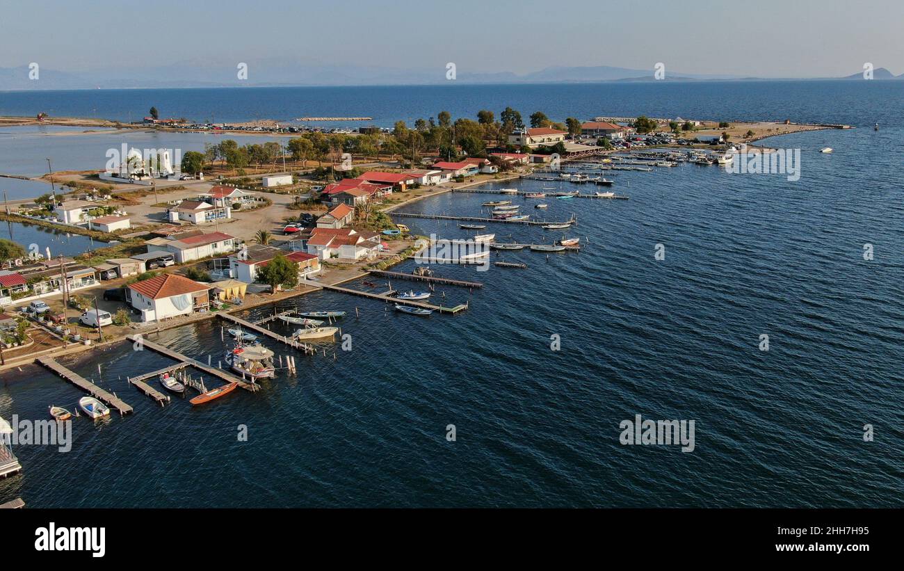 Aerial drone view of Tourlida,traditional fishermen settlement in the ...