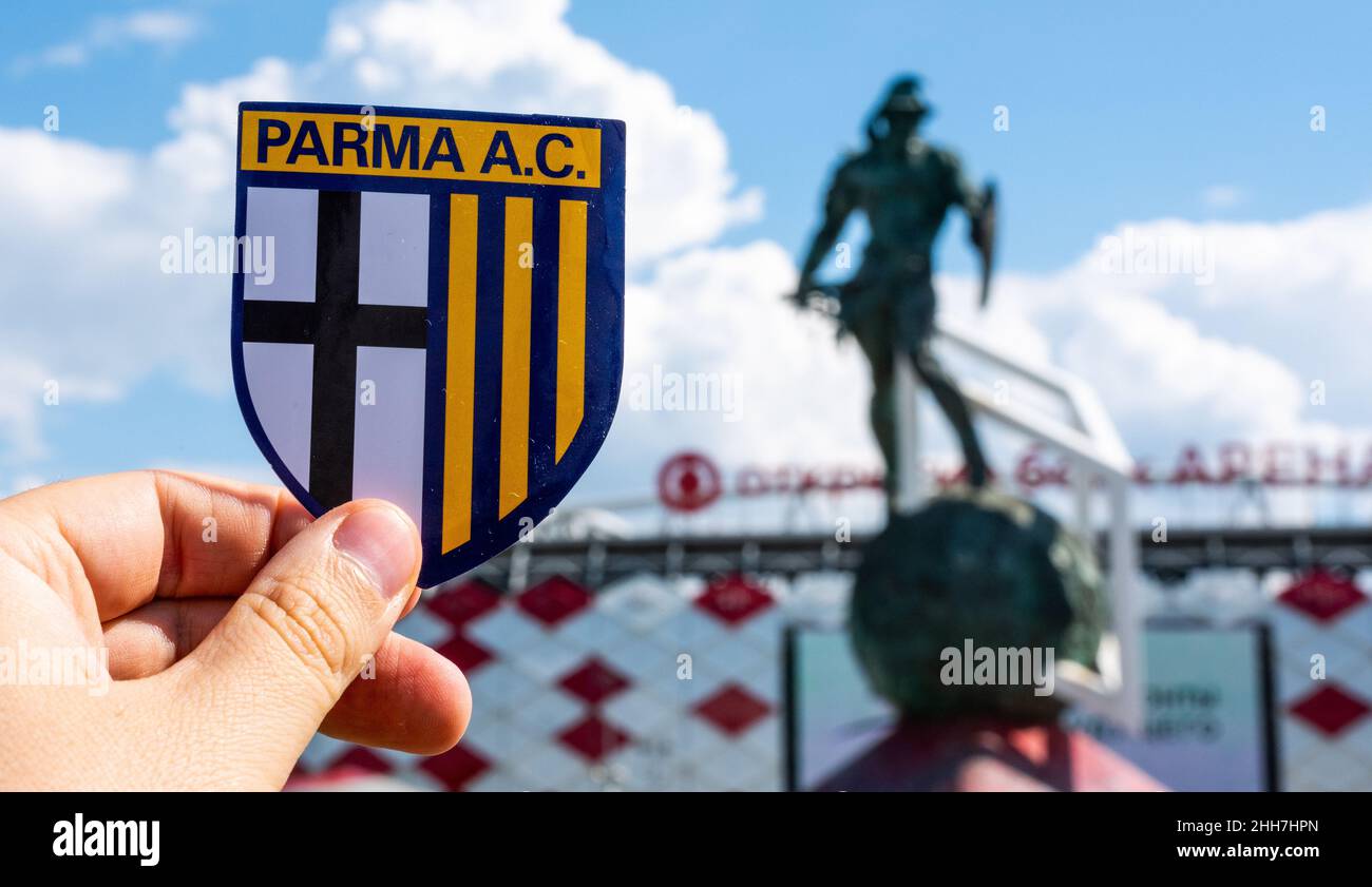 June 14, 2021, Parma. The emblem of the Parma Calcio football club ...