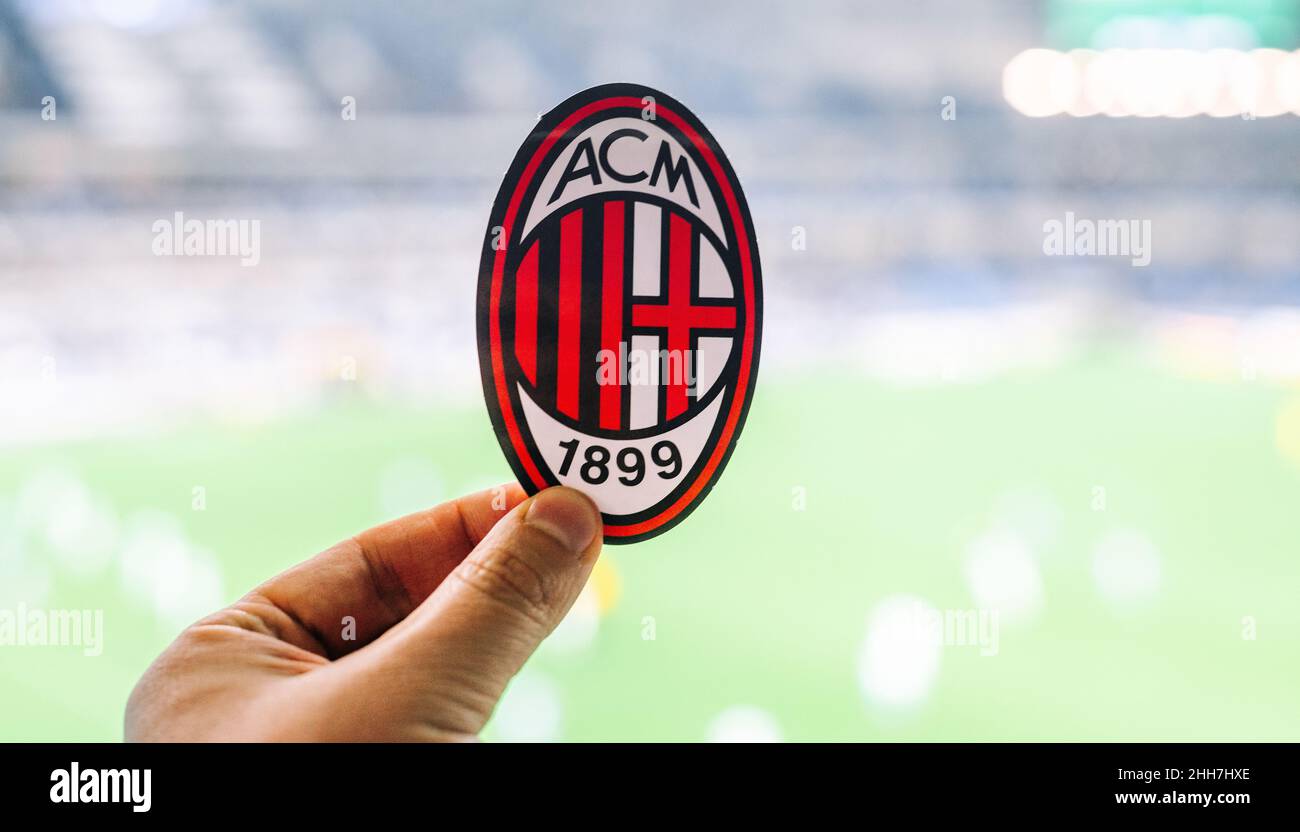 September 12, 2021, Milan, Italy. The emblem of the A.C. Milan football ...