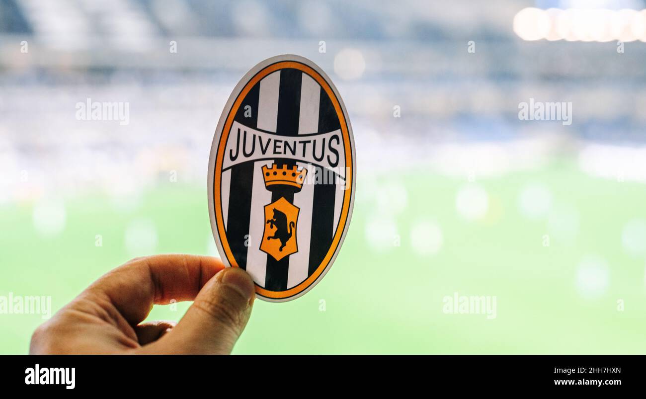 August 30, 2021, Turin, Italy. The emblem of the football club Juventus ...