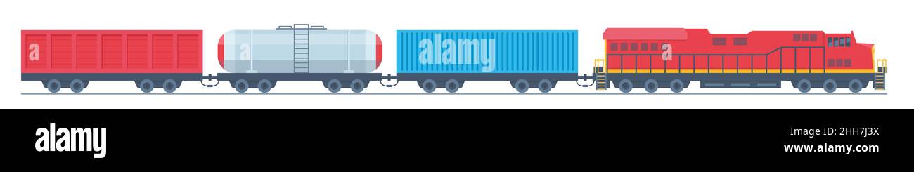 Freight train with wagons, tanks, freight, cisterns. Railway locomotive ...