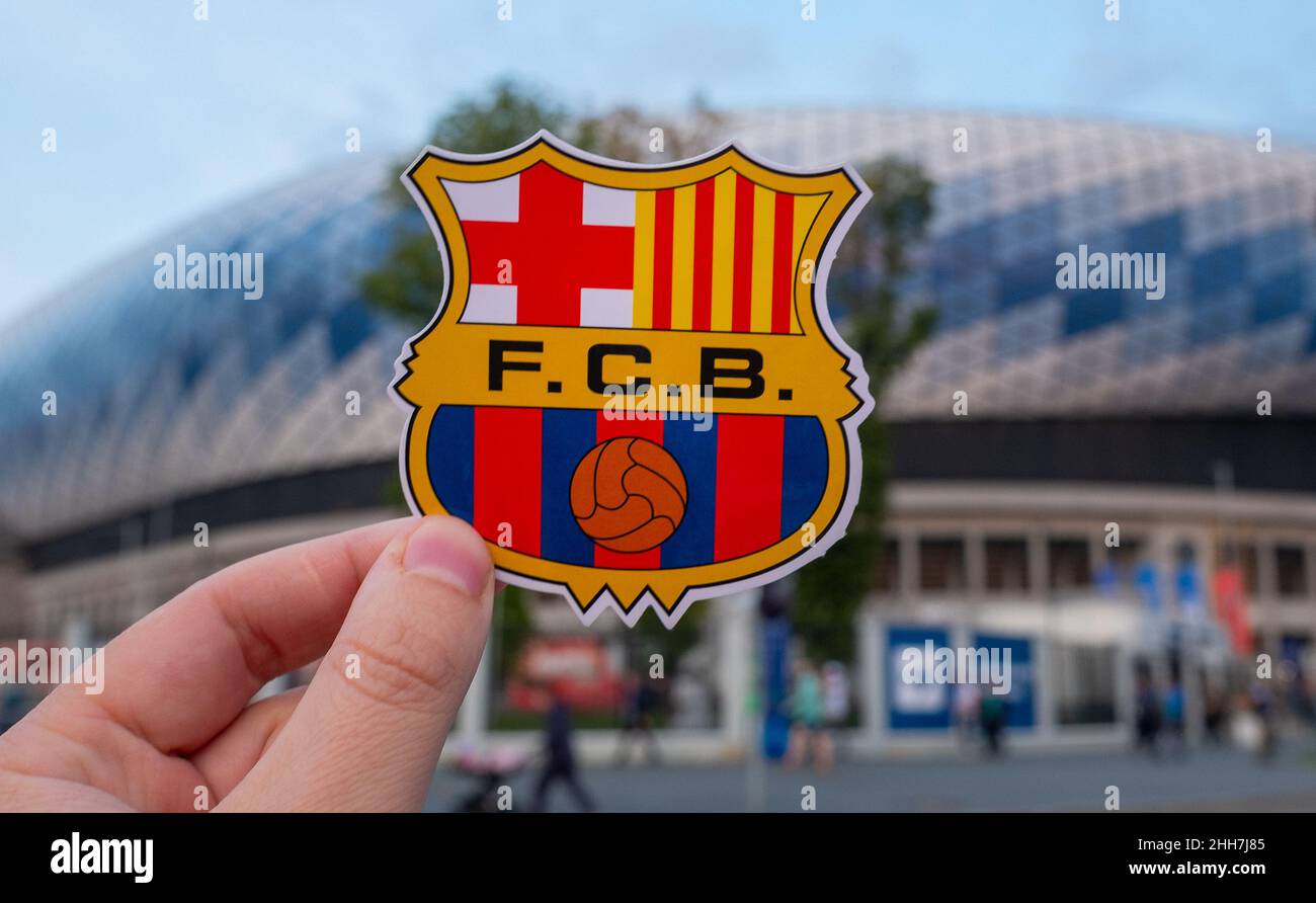 September 12, 2021, Barcelona, Spain. The emblem of FC Barcelona ...