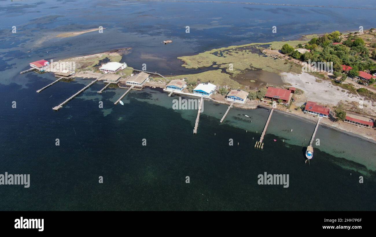 Aerial drone view of Tourlida,traditional fishermen settlement in the ...