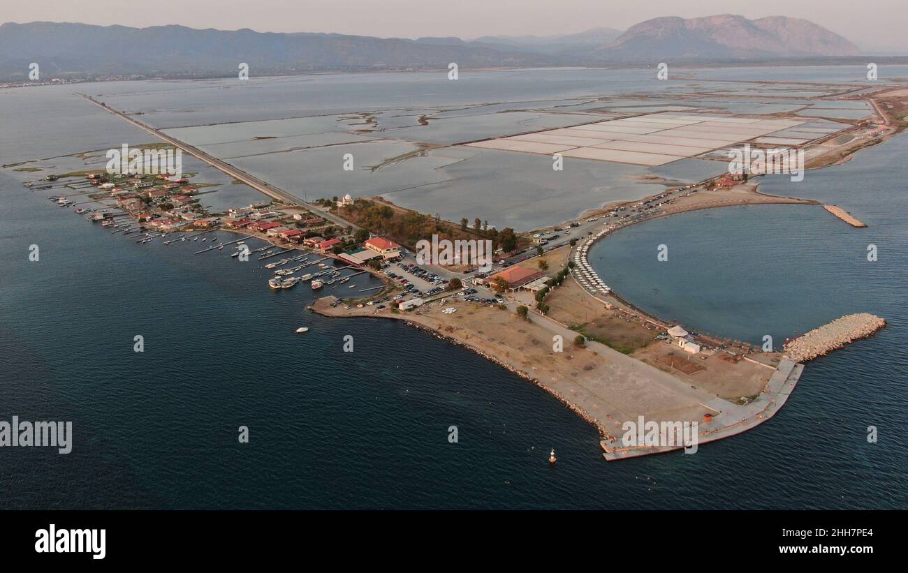 Aerial drone view of Tourlida a traditional fishermen settlement and it ...