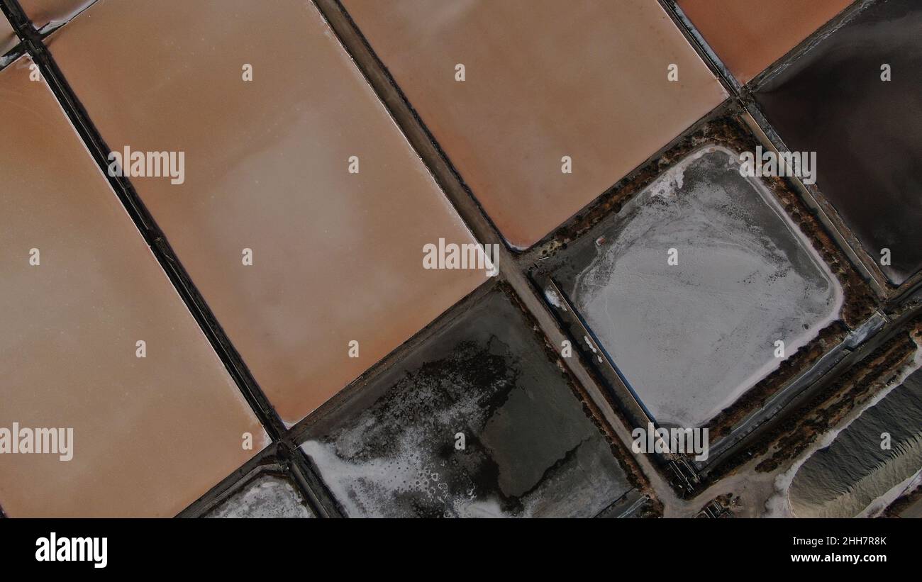 Aerial drone view of Tourlida saltworks in the lagoon of Mesologgi ...