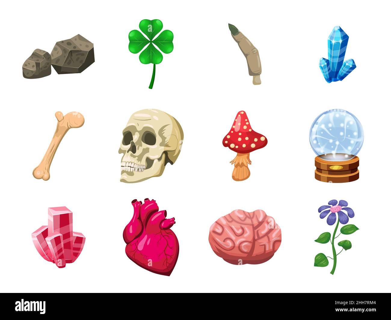 Witchcraft set magic object scull, heart, crystal, ball, eye, clover ...