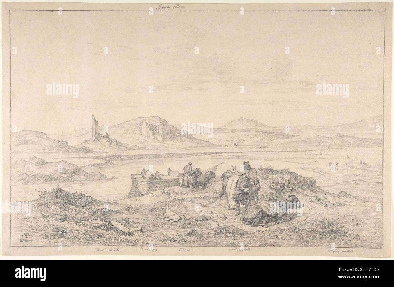 Italian Landscape with the Tiber River and Men with Cattle and a Boat ...