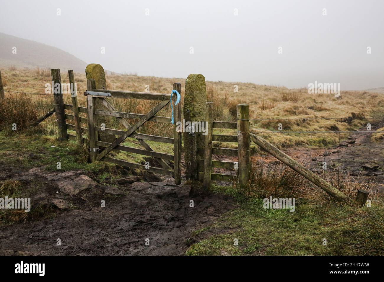 A wooden gate on a rural British walking pathway in the Peak district ...