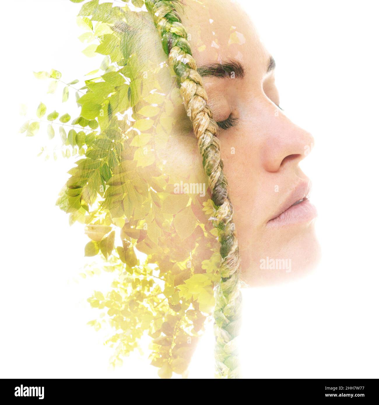 A portrait of a woman combined with wild nature in a double exposure ...