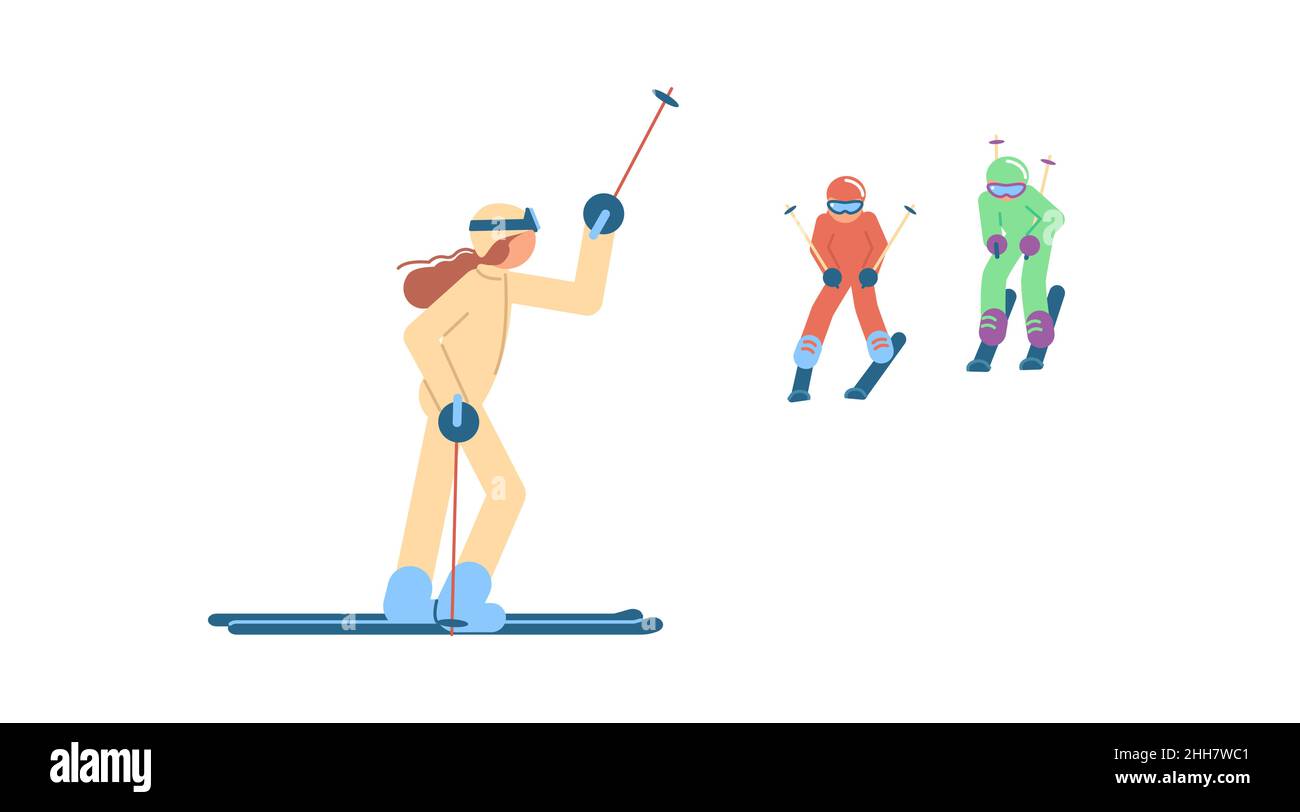 Cartoon skiers in ski school isolated on white background. Mountain ...