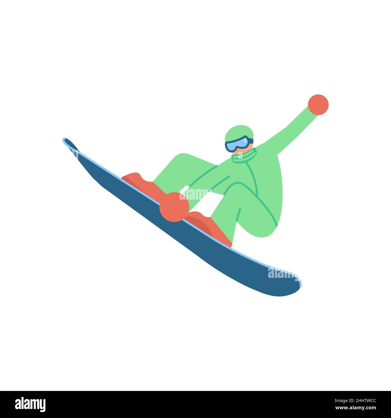 Snowboarder performing a trick jump isolated on white background. Flat ...