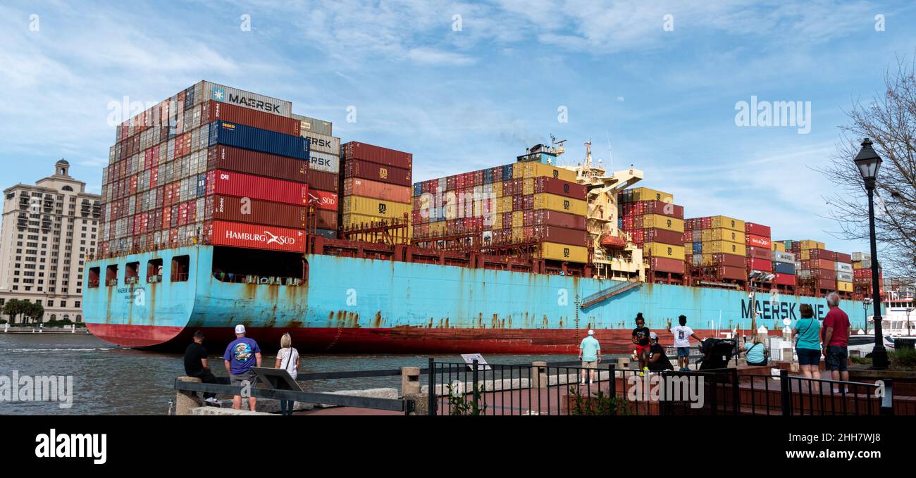 A large container ship sailing into the port of Savannah, GA Stock ...