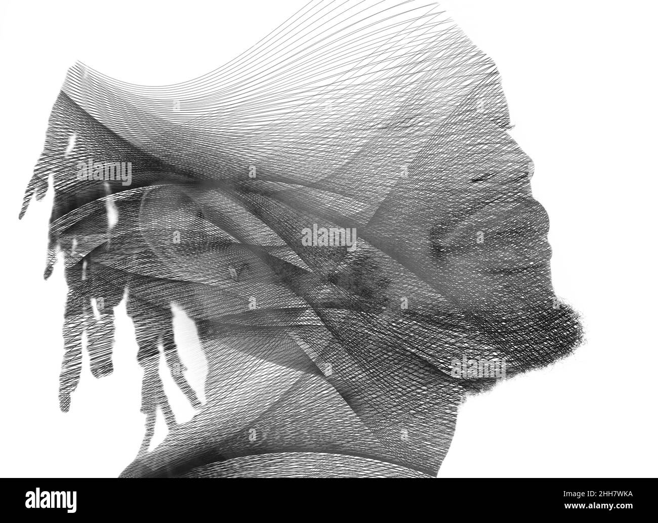 A black and white portrait of a man dissolving into various lines Stock ...