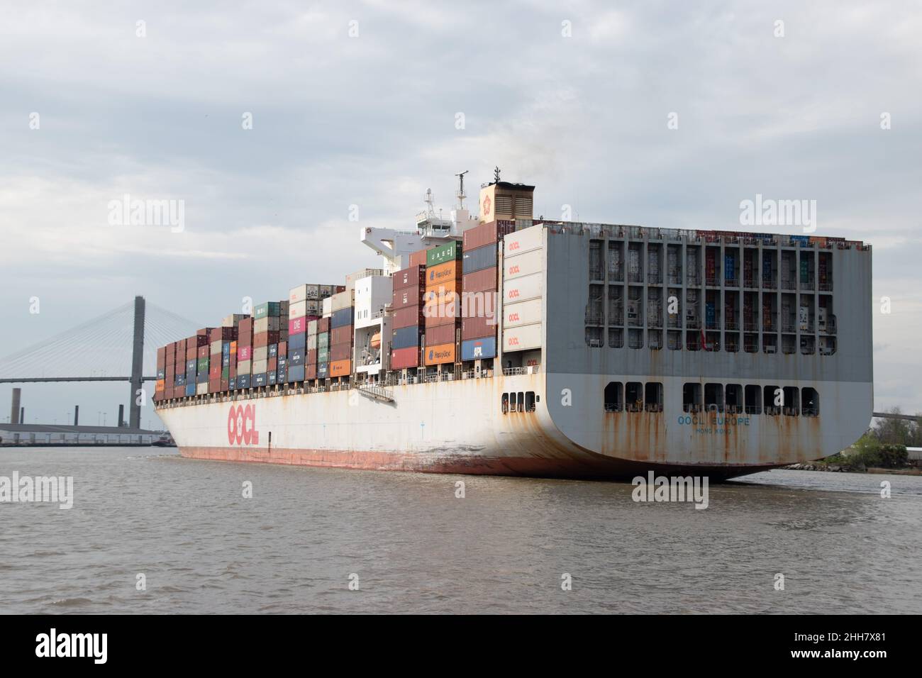 A large container ship sailing into the port of Savannah, GA Stock ...
