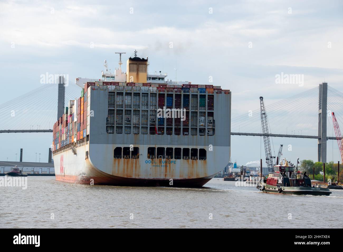 A large container ship sailing into the port of Savannah, GA Stock ...