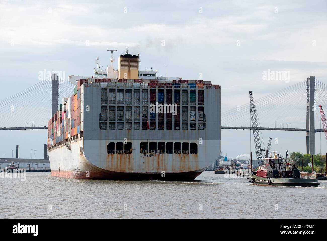 A large container ship sailing into the port of Savannah, GA Stock ...