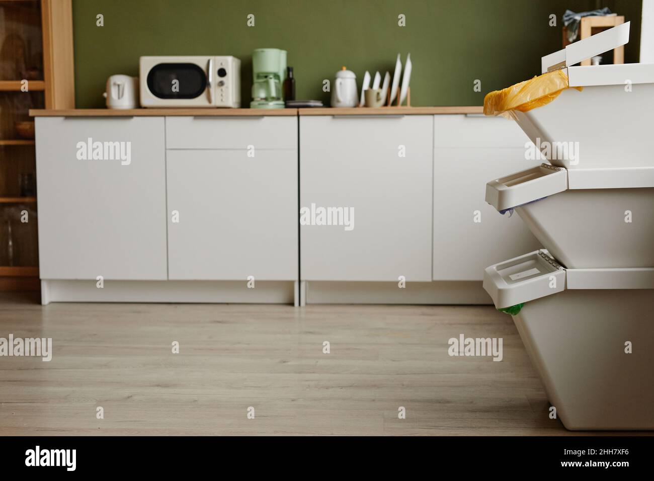 Side view background image of empty kitchen interior with focus on ...