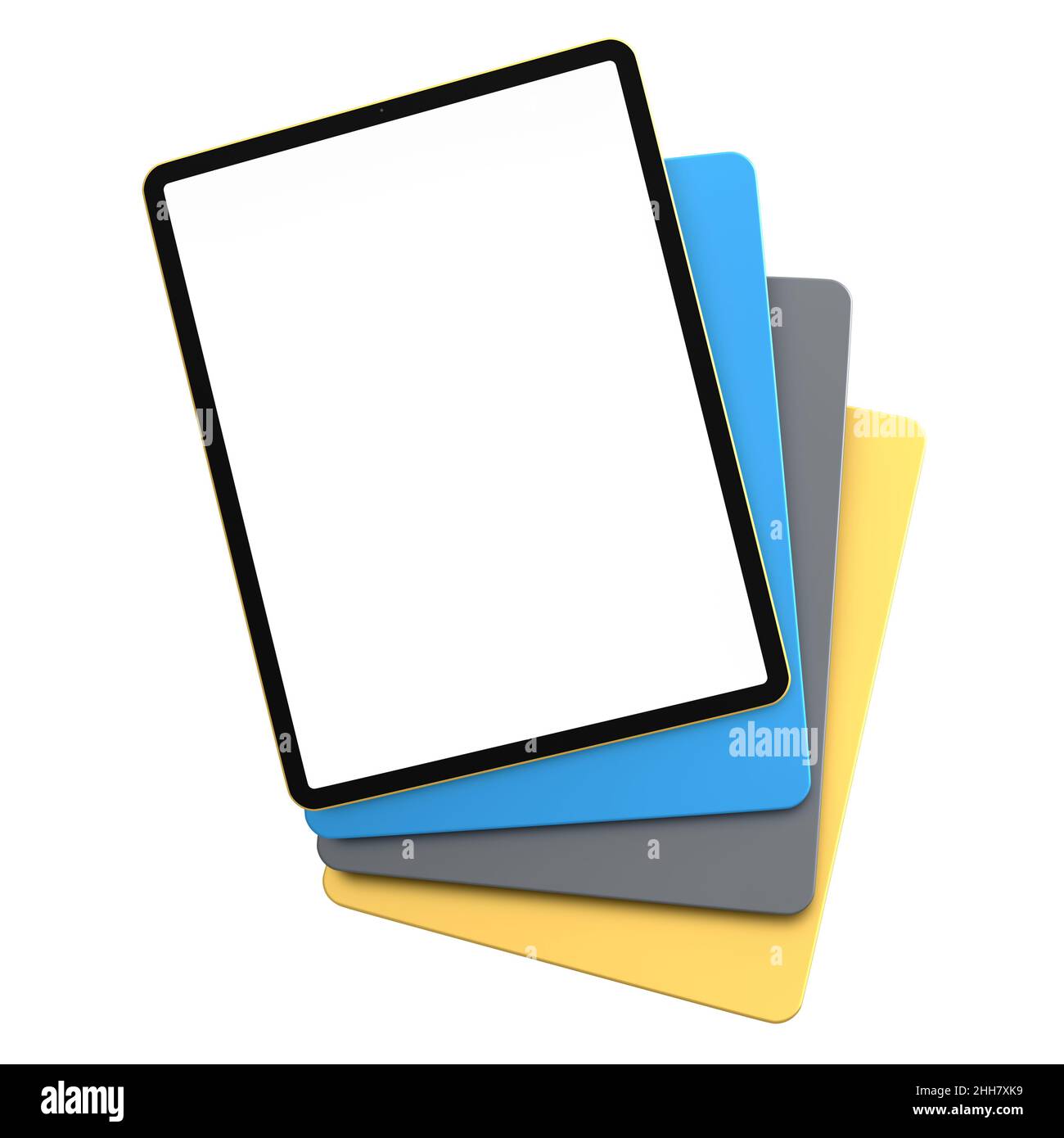 Set of computer tablets with cover case and blank screen isolated on ...