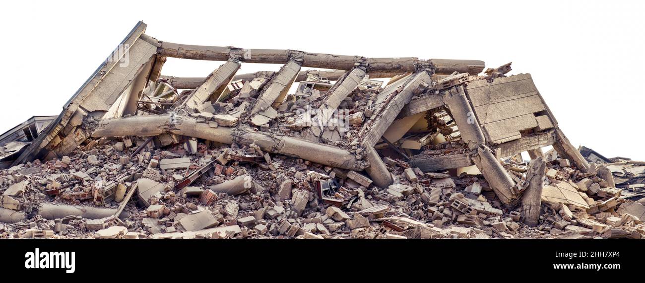 Collapsed and destroyed concrete industrial building isolated on white ...