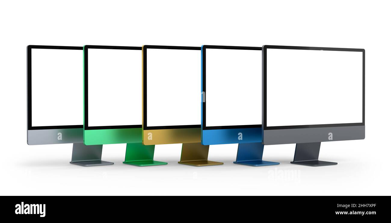 Set of desktop computers with blank screen display isolated on white ...