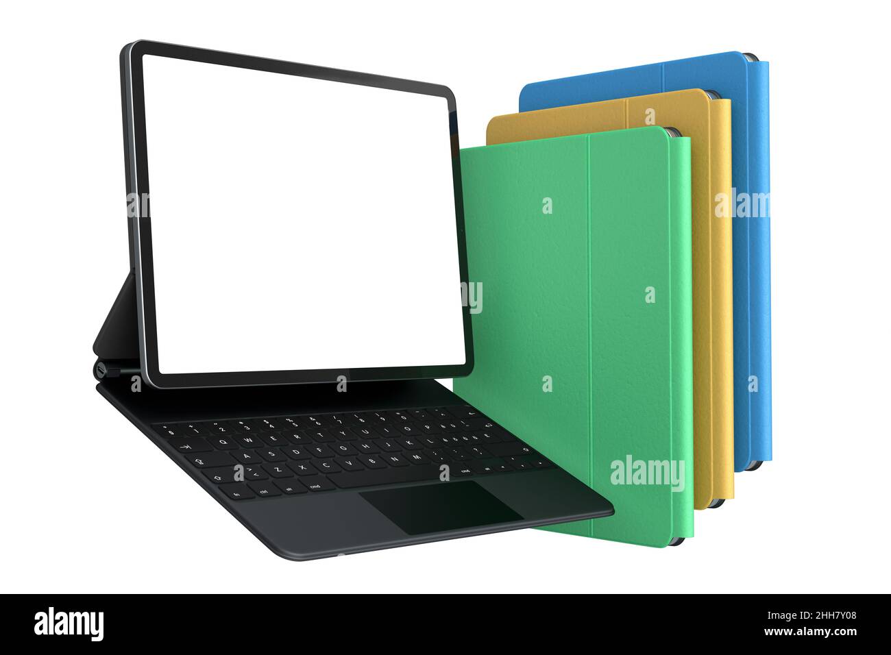 Set of computer tablets with keyboard and blank screen isolated on ...