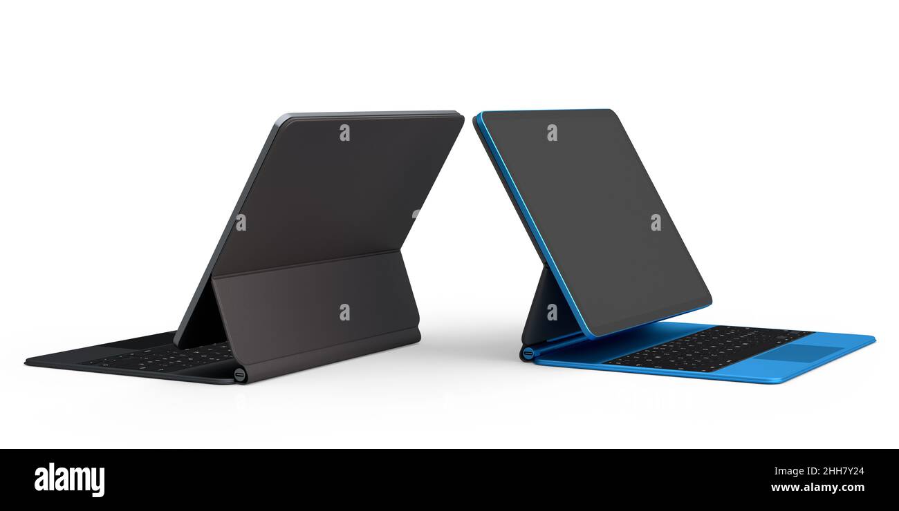 Set of computer tablets with keyboard and blank screen isolated on ...