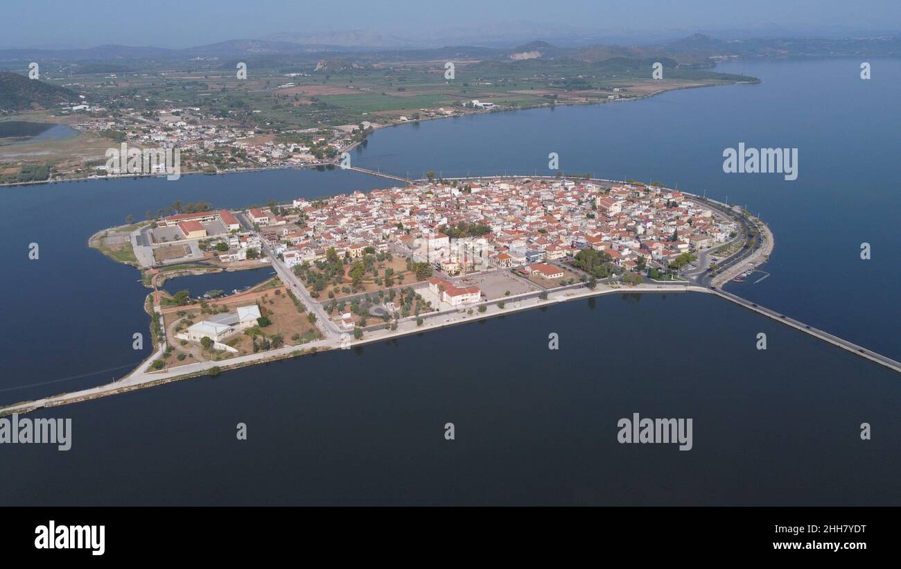 Aerial drone view of Aitoliko town and it's lagoon, Aitoloakarnania ...