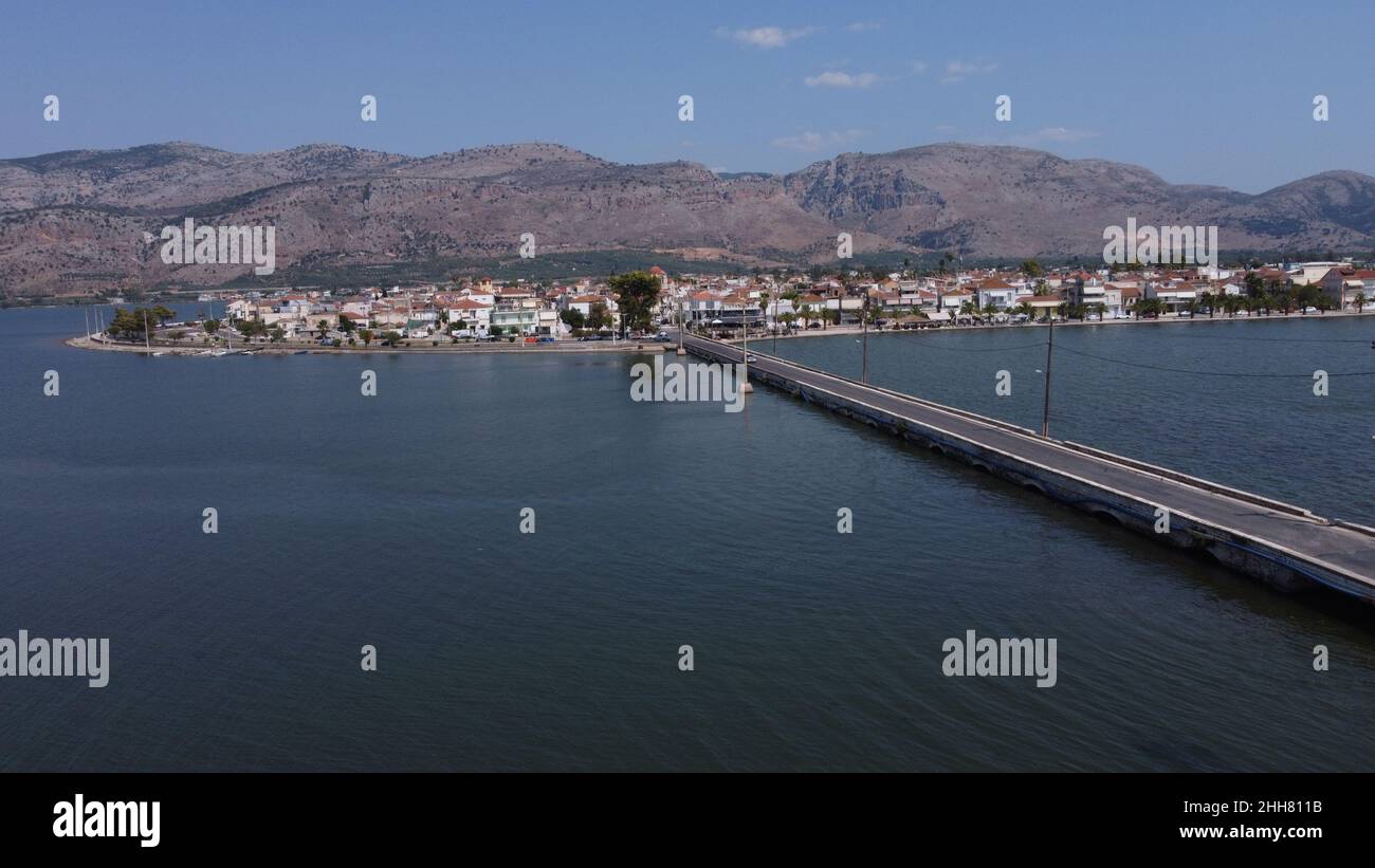 Aerial drone view of Aitoliko town and it's lagoon, Aitoloakarnania ...