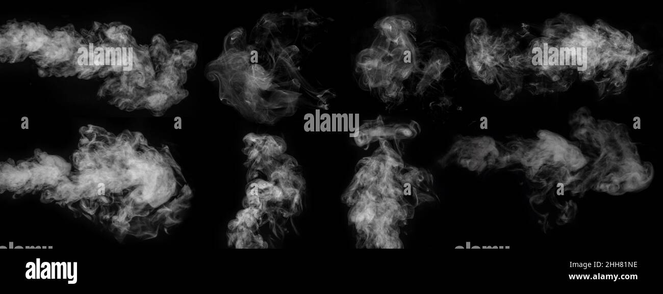 A set of eight different types of swirling, wriggling smoke, vapor ...