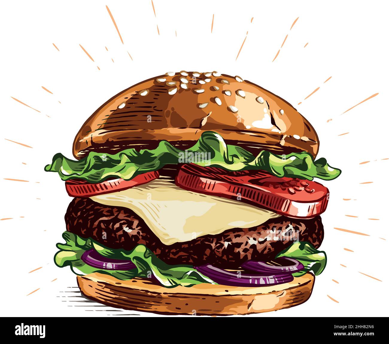 colour burger hand drawing sketch engraving illustration style Stock ...