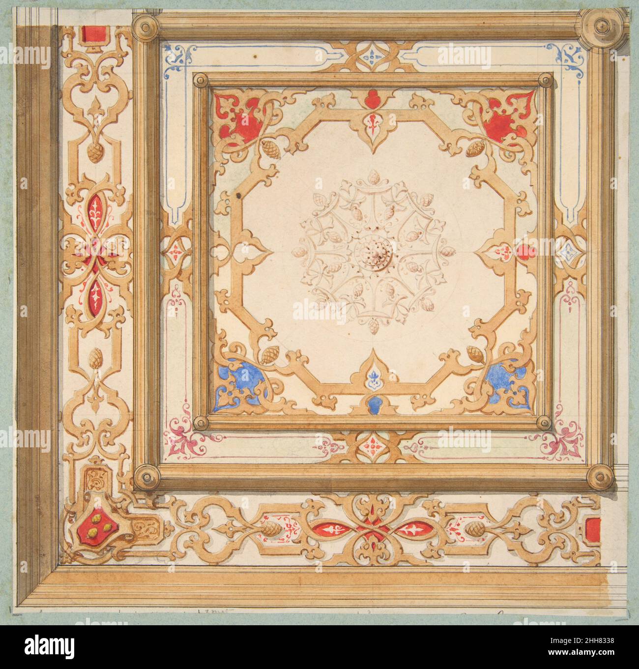 Partial design for a ceiling painted in strapwork and pine cone motifs ...