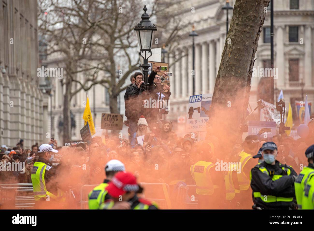 March for Freedom, London, UK - 22nd January 2022 Police officers watch ...