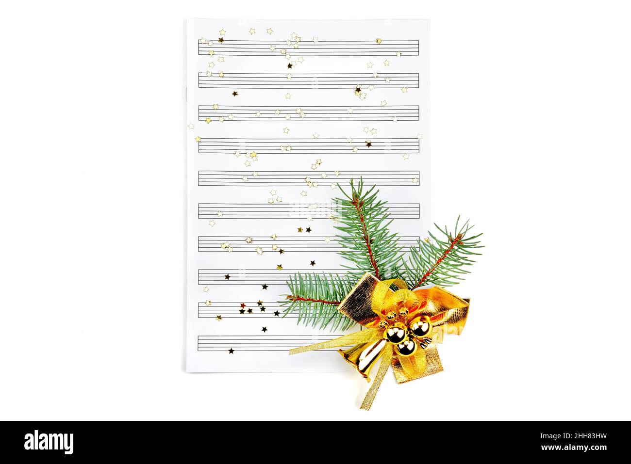 Christmas decorations and music sheet isolated on white background ...