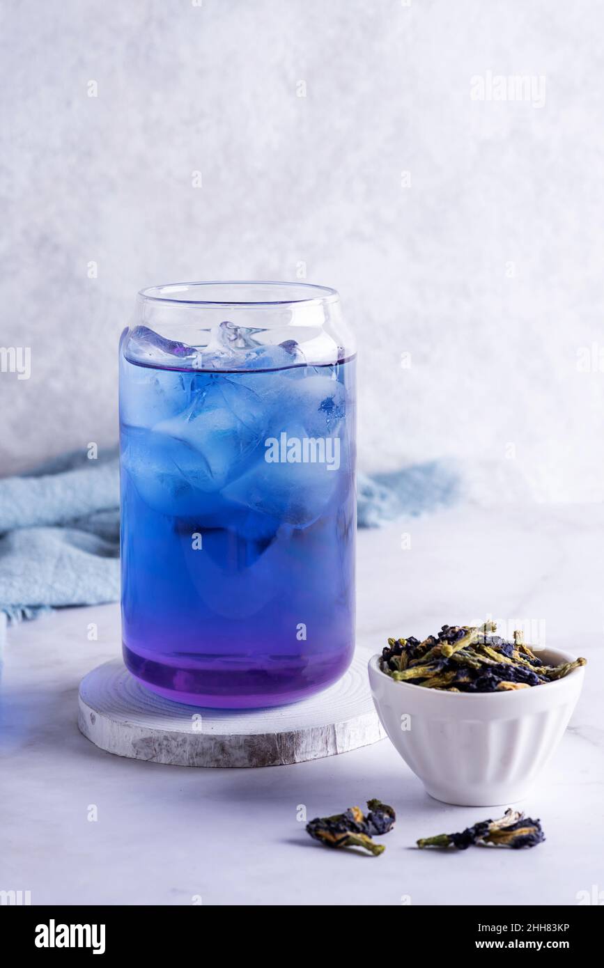 Blue anchan herbal drink, iced butterfly pea flower tea and dry ...