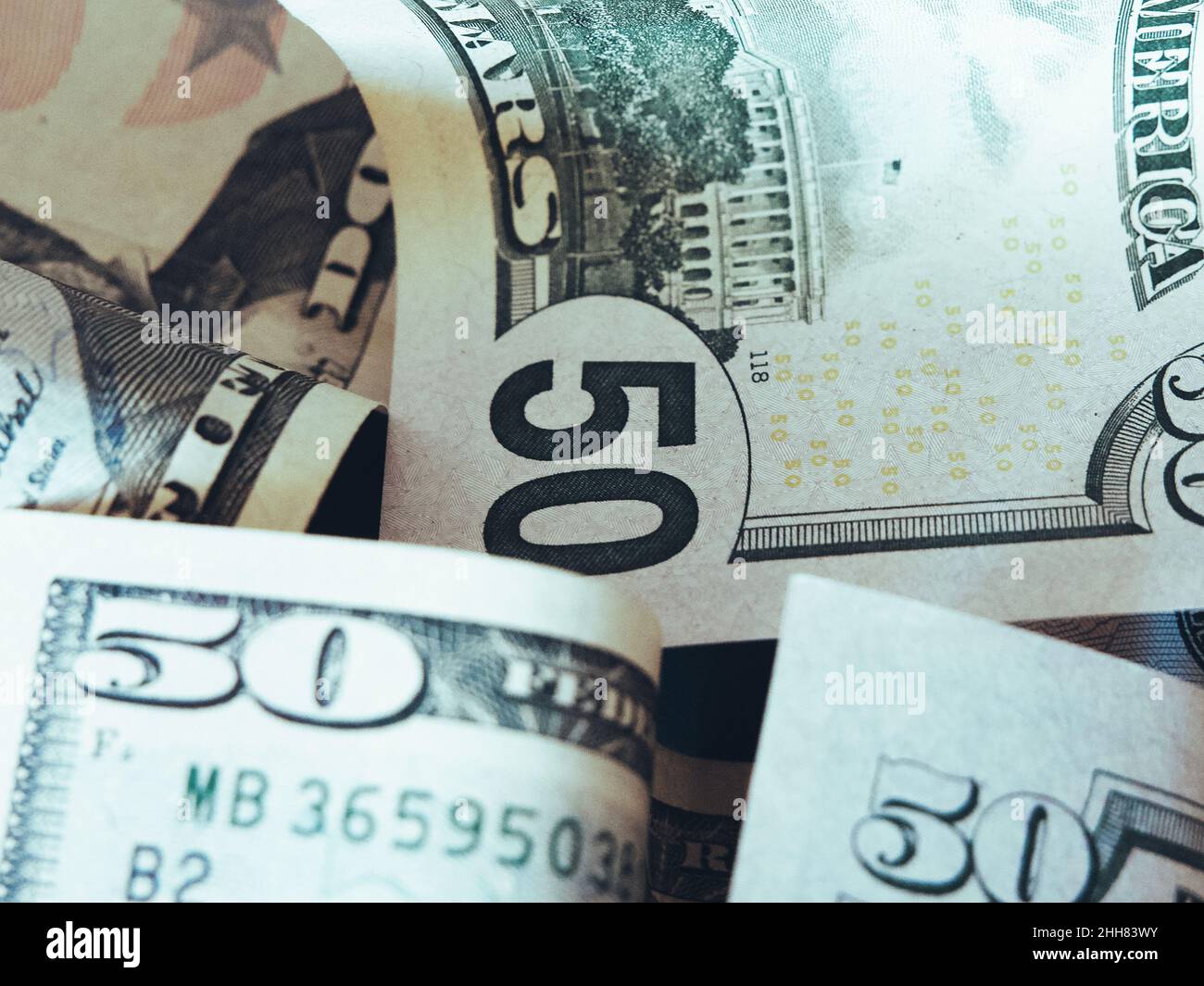 Banknotes with a face value of 50 dollars close-up. American paper ...