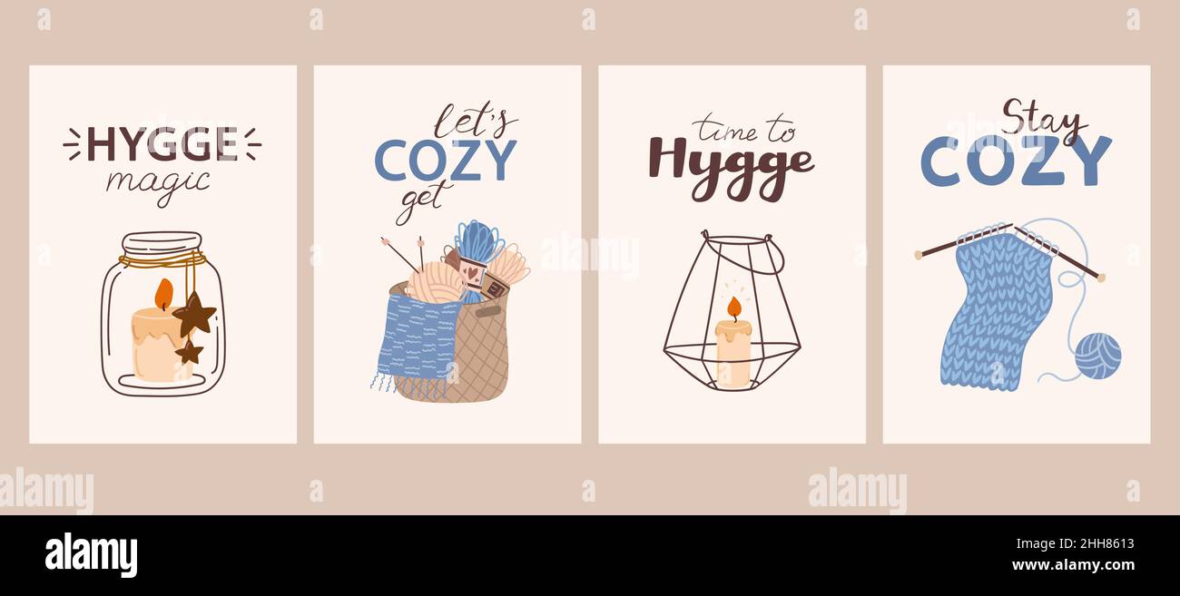 Cozy cards hygge theme. Illustrations with candles in candlesticks ...