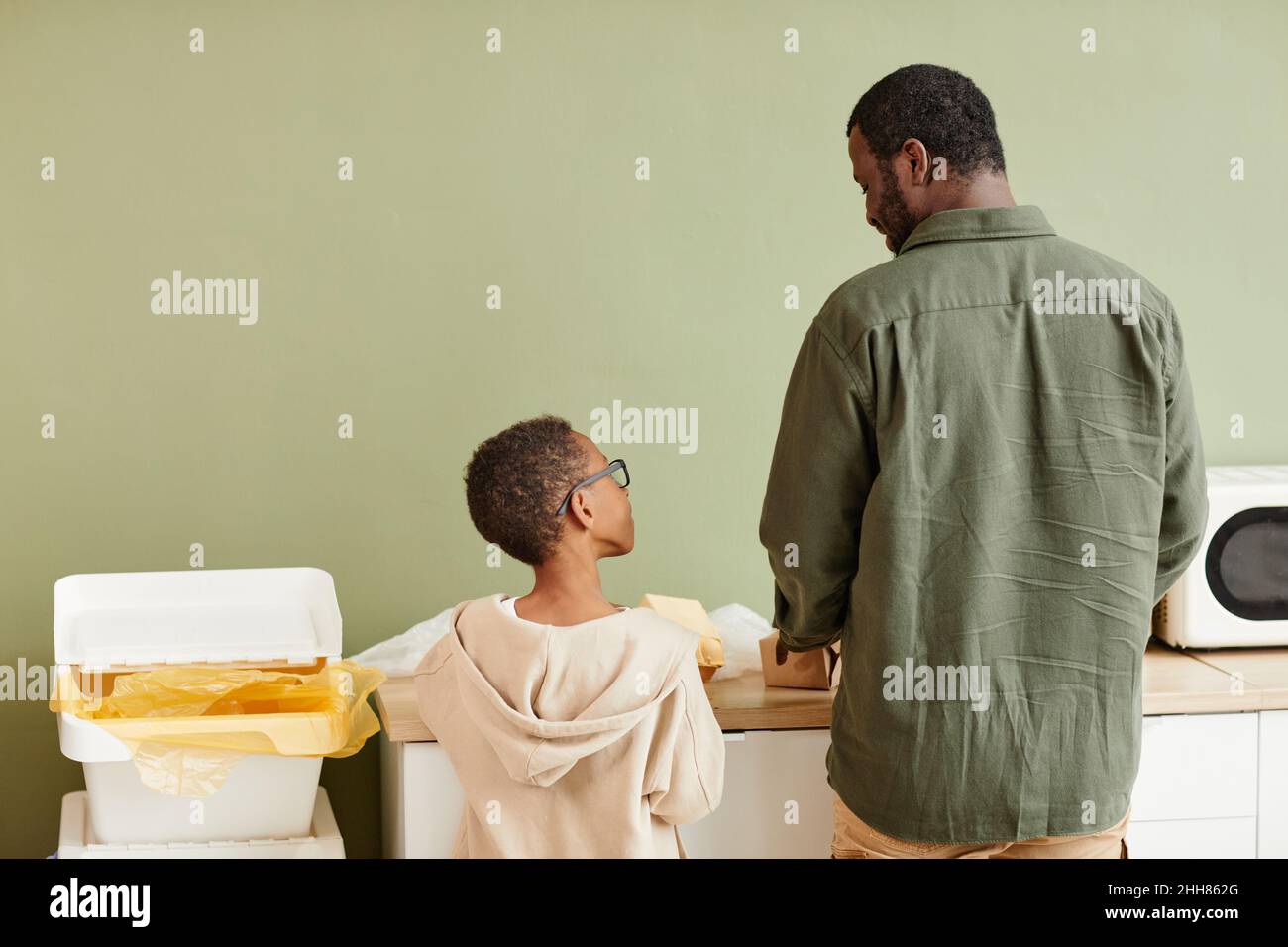 Minimal back view portrait of African-American father and son sorting ...