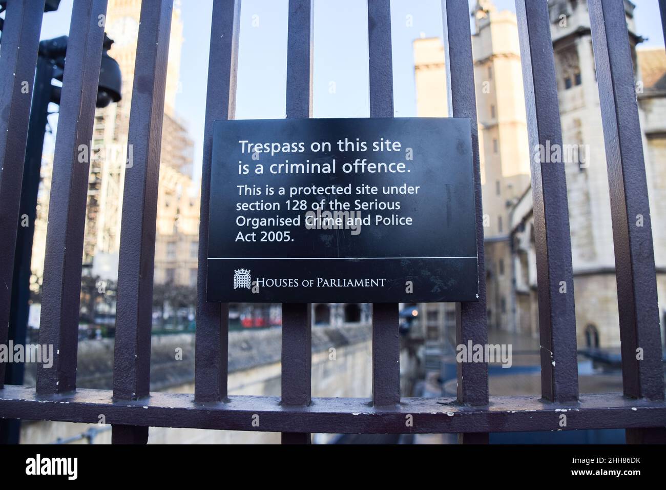 'Trespass On This Site Is A Criminal Offence' sign on the fence outside ...