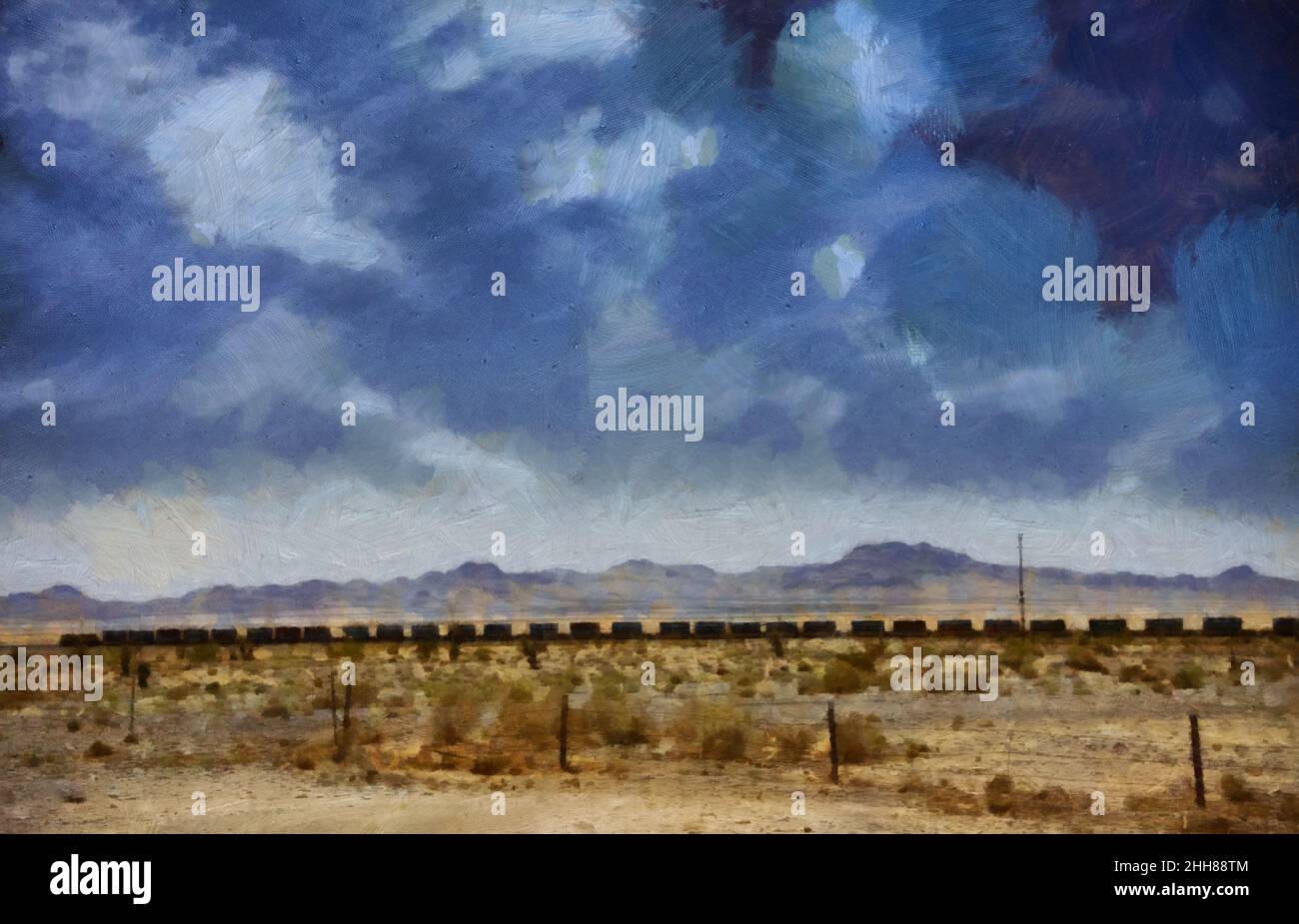 Oil painting, freight train on horizon. 3D rendering Stock Photo - Alamy