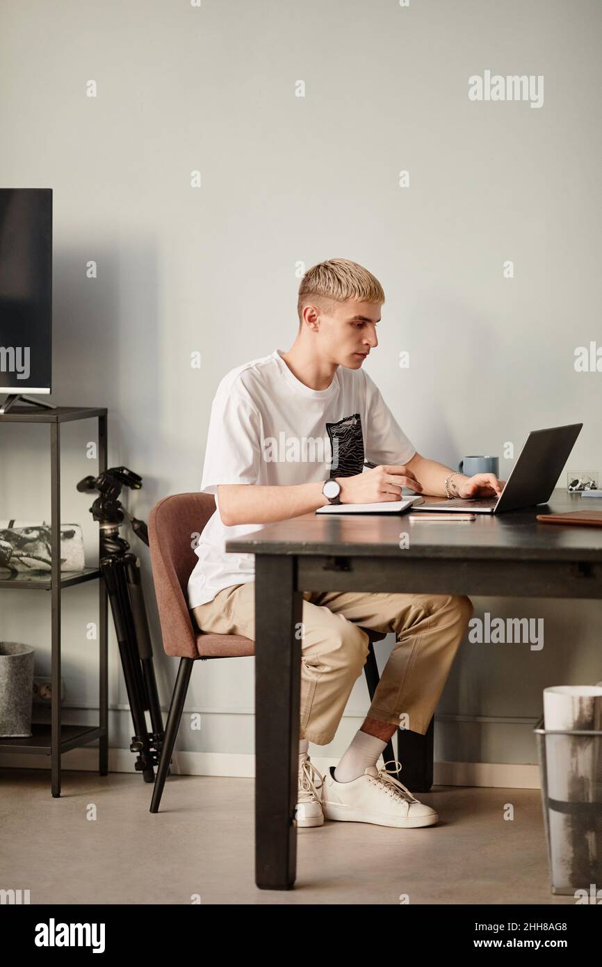 Vertical full length portrait of blonde young man using computer in ...