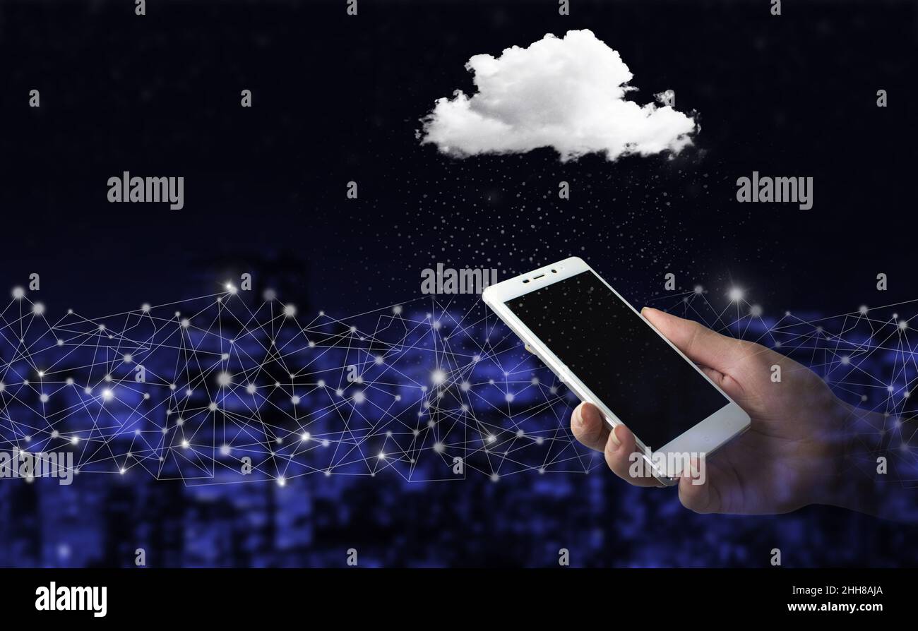 Cloud computing technology internet concept background. Hand hold white ...