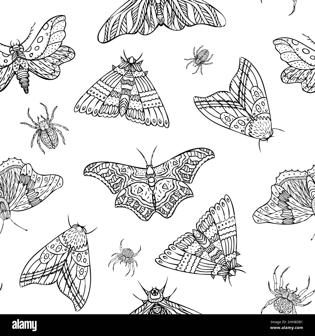 Seamless pattern of night butterflies and spiders. Hand drawn ...