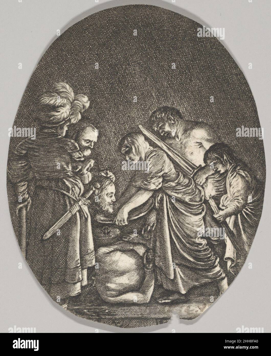 Salome receiving the head of John the Baptist, surrounded by three men ...