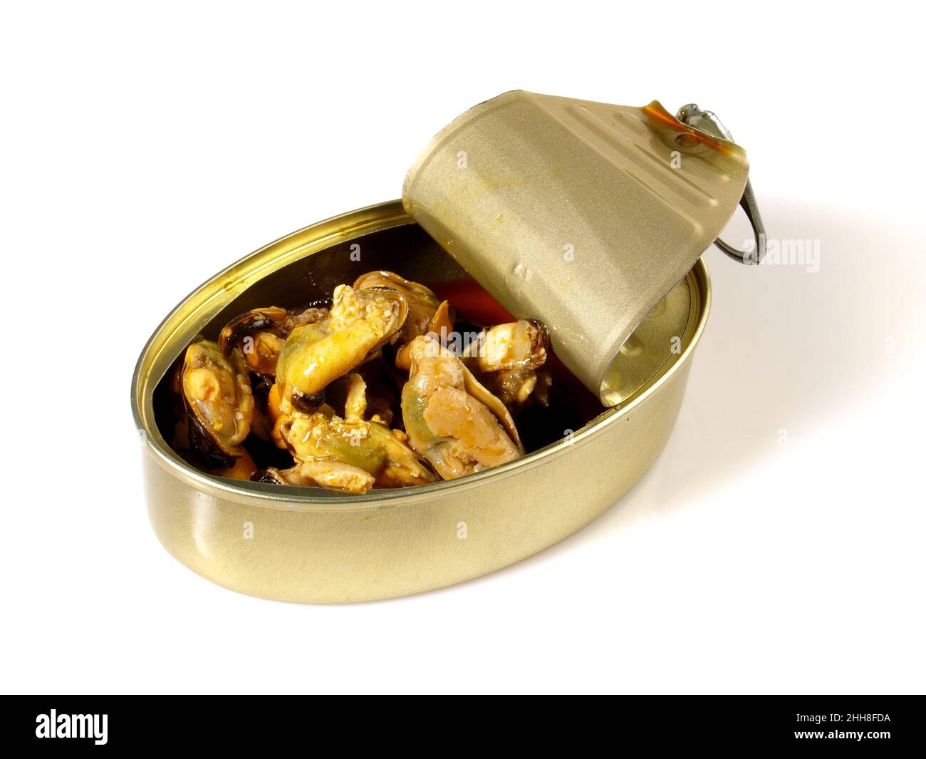 Canned Mussels in a Tin isolated on white Background Stock Photo - Alamy