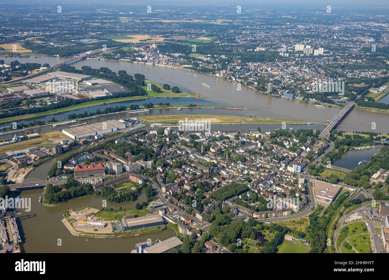 Aerial view, flood river Rhine, Ruhr estuary into the Rhine, Friedrich ...