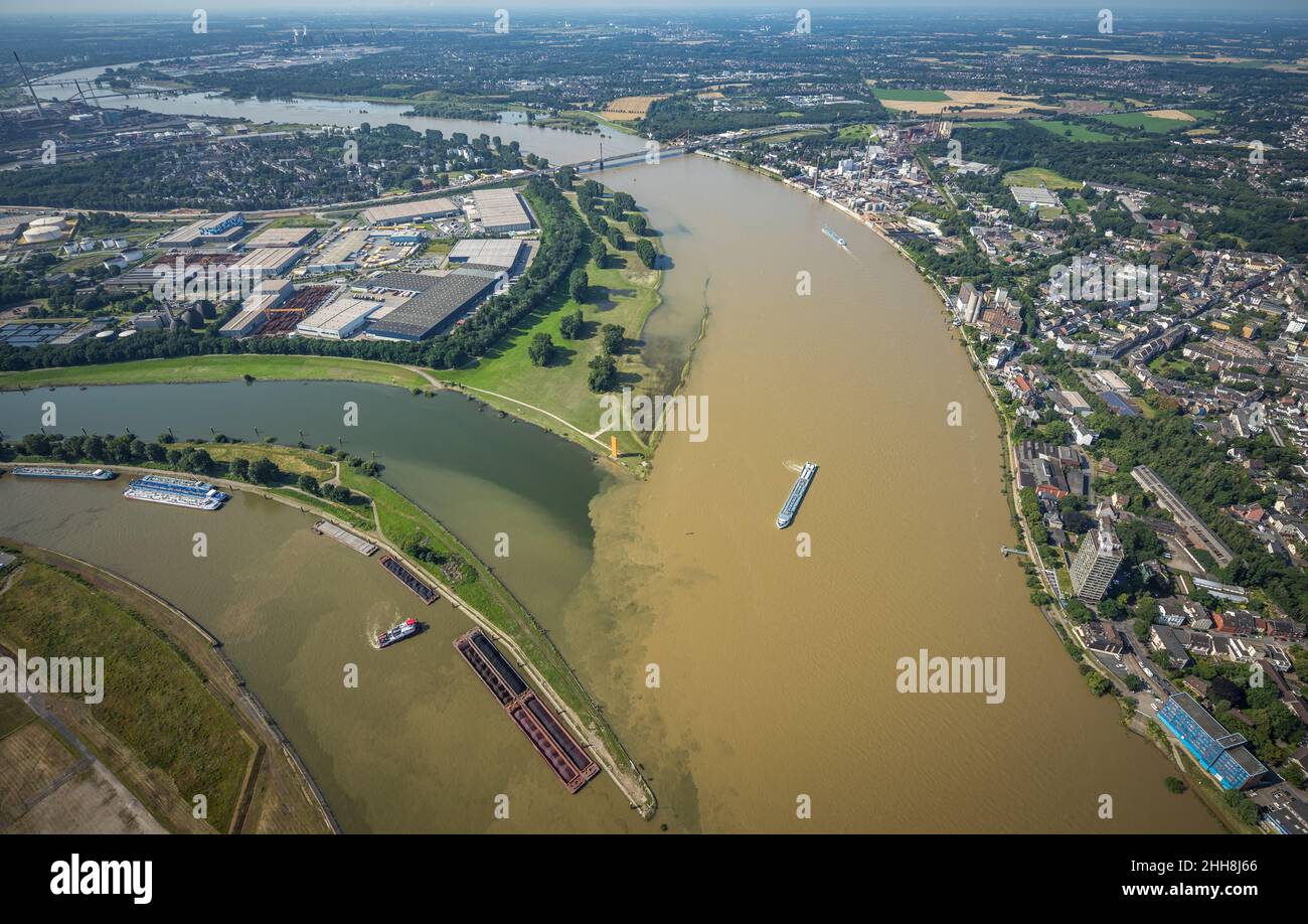 Aerial view, flood river Rhine, Ruhr mouth into the Rhine, Rhine orange ...