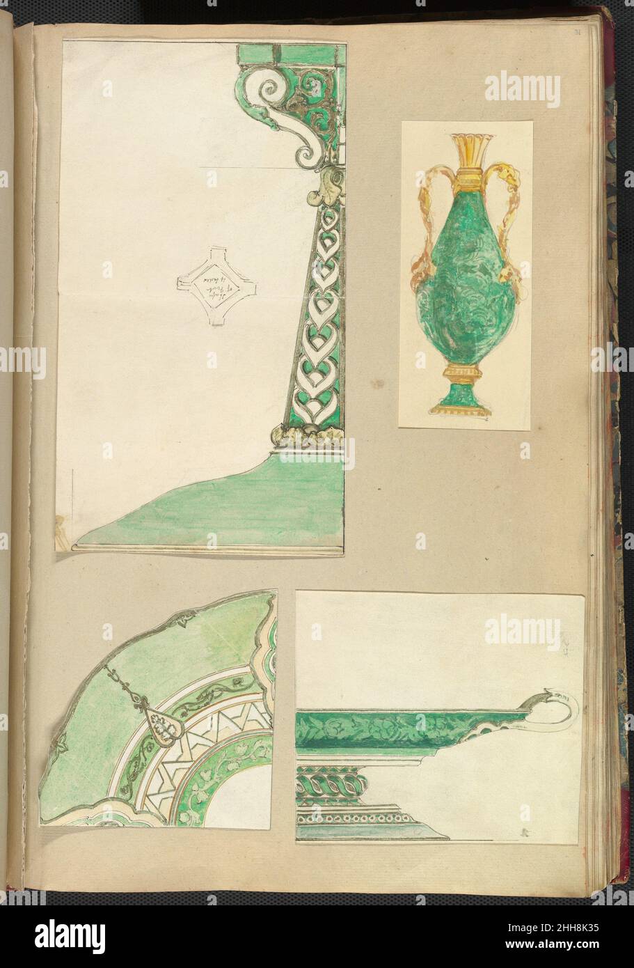 Designs for a Candlestick, Two Handled Vase, Decorated Plate and Footed ...