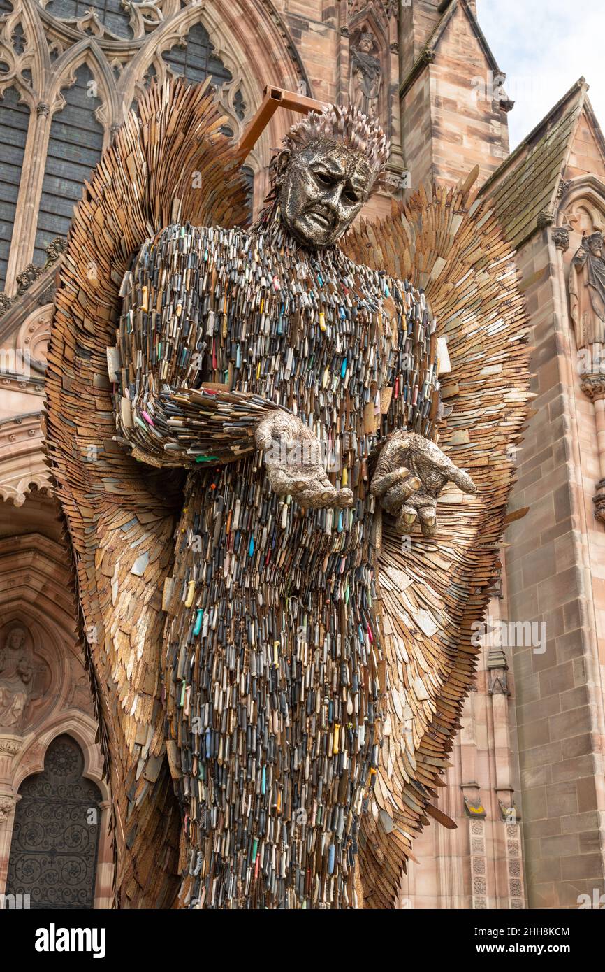 the Knife Angel sculpture outside Hereford Cathedral Stock Photo - Alamy